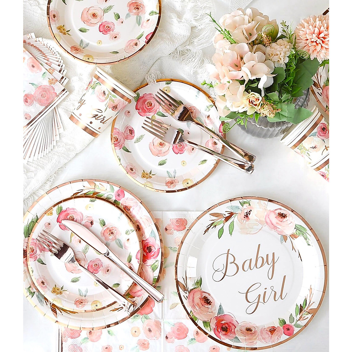 Rose Gold Baby Shower Plates and Napkins Girl - Serves 16 - Includes Baby Girl Plates Cups Napkins Knifes Forks Floral Baby Shower Decorations for Girl Baby Shower Favor Decor Party Supplies