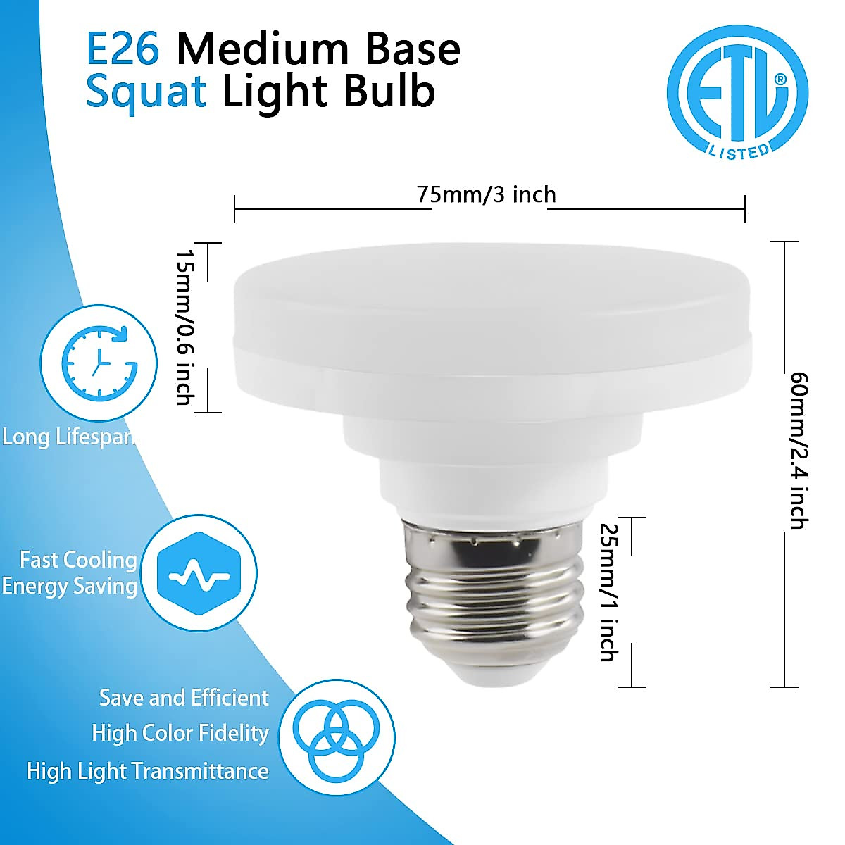 LED Puck Light Bulb with E26 Screw, Ultra Mini Flat Light Bulb, 10W(75W Equivalent), Dimmable, 1100LM, 3000K, 120V, E26 Medium Base, ETL Listed, Low Profile Squat E26 Bulbs for Lamp. (3000K, 2 Pack)