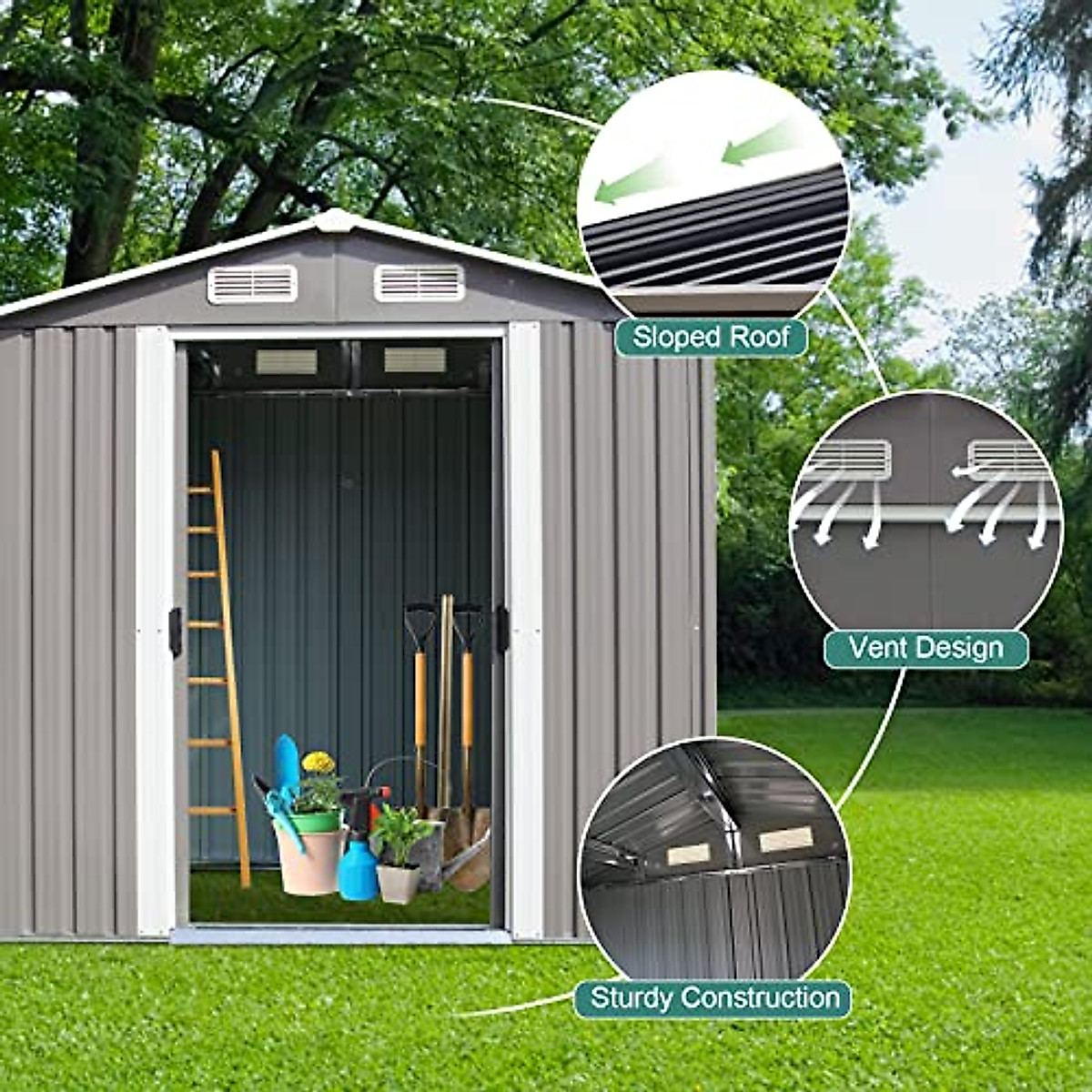 Steel Garden Storage Shed 6' x 4' - Utility Tool House with Vents Garden Storage House Metal Shed for Patio (Grey)