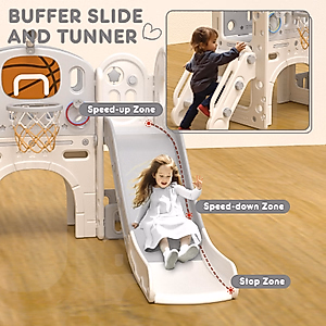 XJD 8 in 1 Toddler Slide Set, Kids Slide for Toddlers Age 1+, Toddler Climber Slide PlaySet with Basketball Hoop and Ball,Outdoor Indoor Playground for Toddlers 1-3 (Beige Grey, 8 in 1)