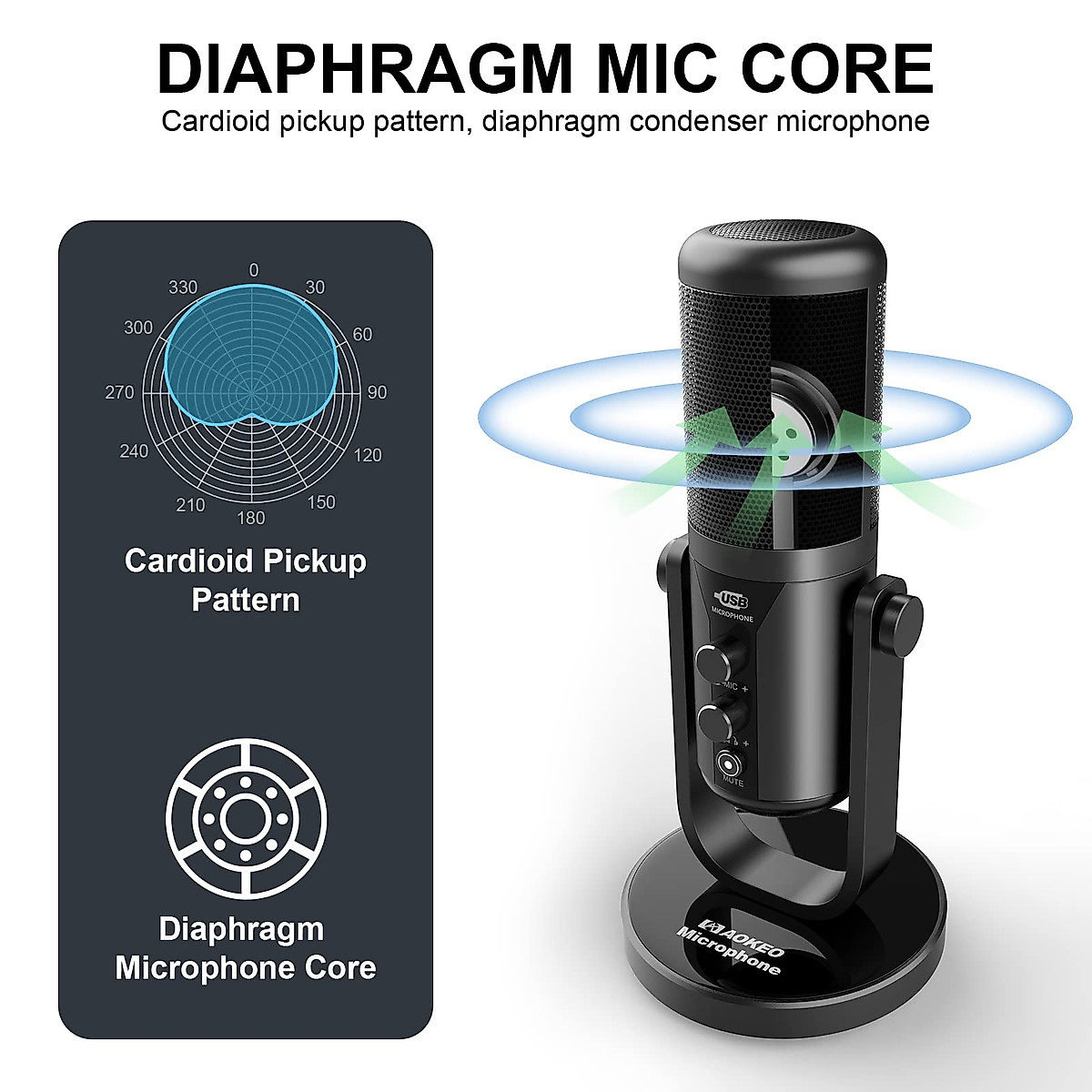 Aokeo USB Microphone, Condenser Podcast Microphone for Computer. Suitable for Recording, Gaming, Desktop, Windows, Mac, YouTube, Streaming, Discord