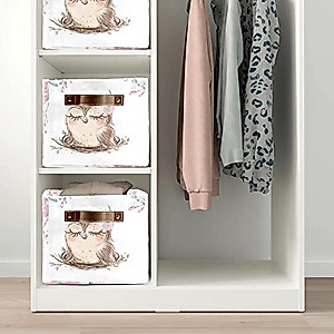 Pink Cute Floral Owl Personalized Storage Bins Box Baskets with Handle Cubes Clothes Basket Box for Women Christmas Office Holiday 1 Pack