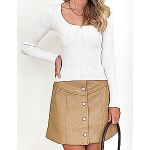 ZESICA Women's 2023 Long Sleeve Square Neck Shirts Fall Clothes Slim Fitted Ribbed Knit Sweater Basic Tee Tops,White,Large