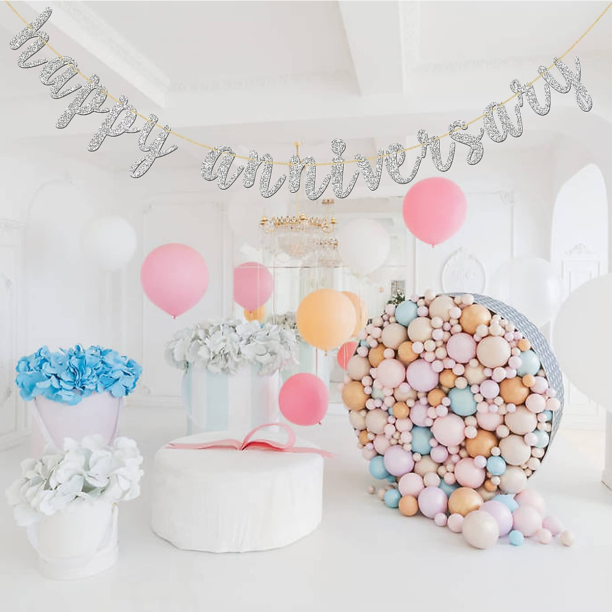 INNORU Glitter Silver Happy Anniversary Banner - Anniversary Sign - Birthday Banner - 1st Wedding Anniversary Party Bunting Decoration Photo Props