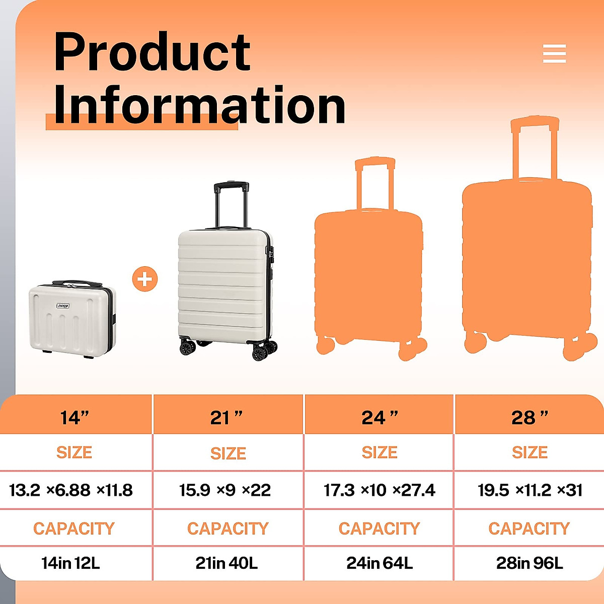 AnyZip 21" Carry On Luggage and 14" Mini Cosmetic Cases Luggage Set Hardside PC ABS Lightweight USB Suitcase with Wheels TSA (2-Piece Set (14/21),White)