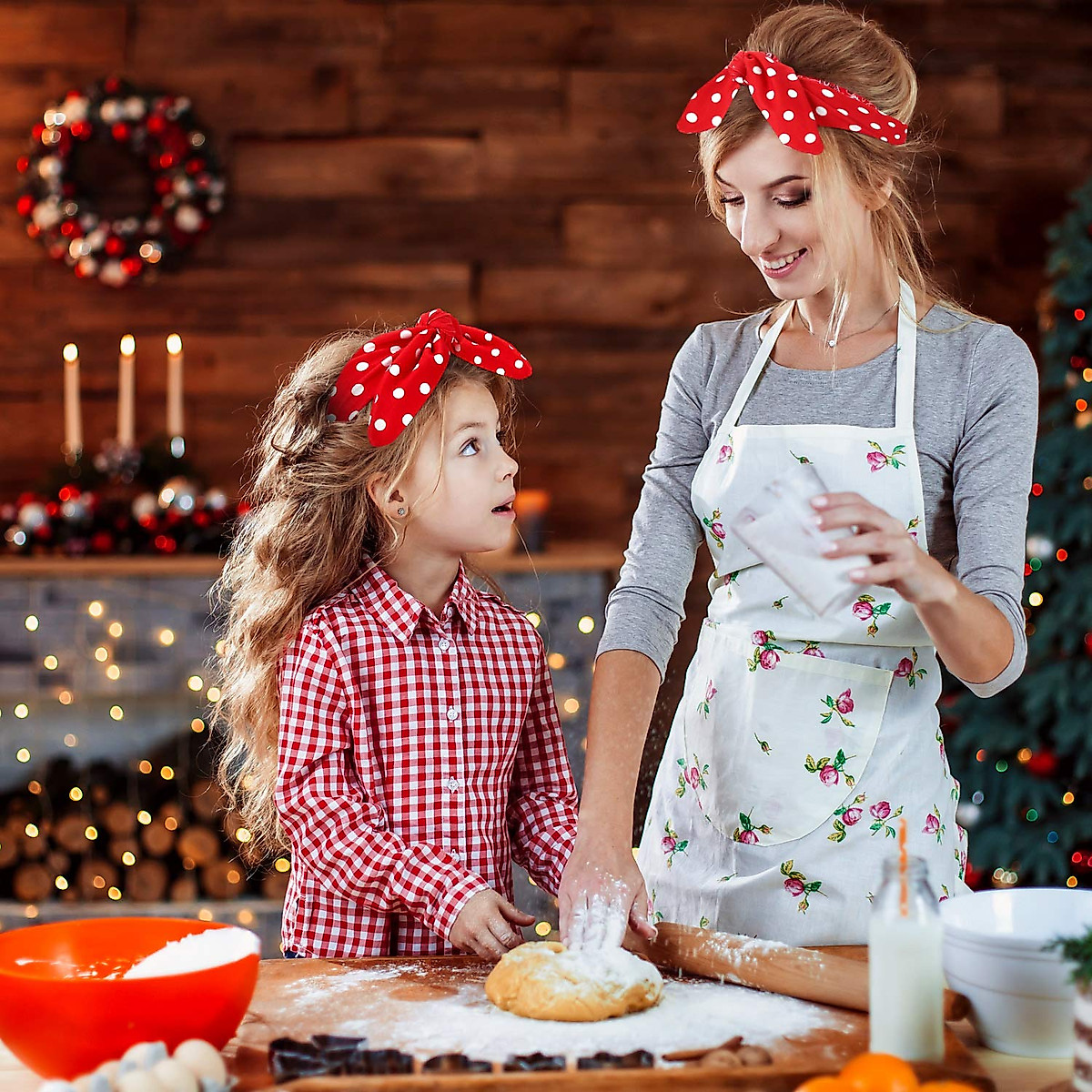 WILLBOND Christmas Parent Baby Girl Turban Headband 2 Pieces Girl Red Black Plaid Headbands with Bow for Mom Baby