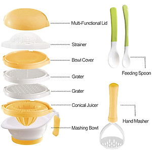 Matyz Versatile Baby Food Maker Set - Toddler Food Mills with Mash Bowl, Hand Masher, Citrus Juicer, Grater - Making Homemade Baby Food - Fruits and Vegetables Masher - BPA Free (Yellow)