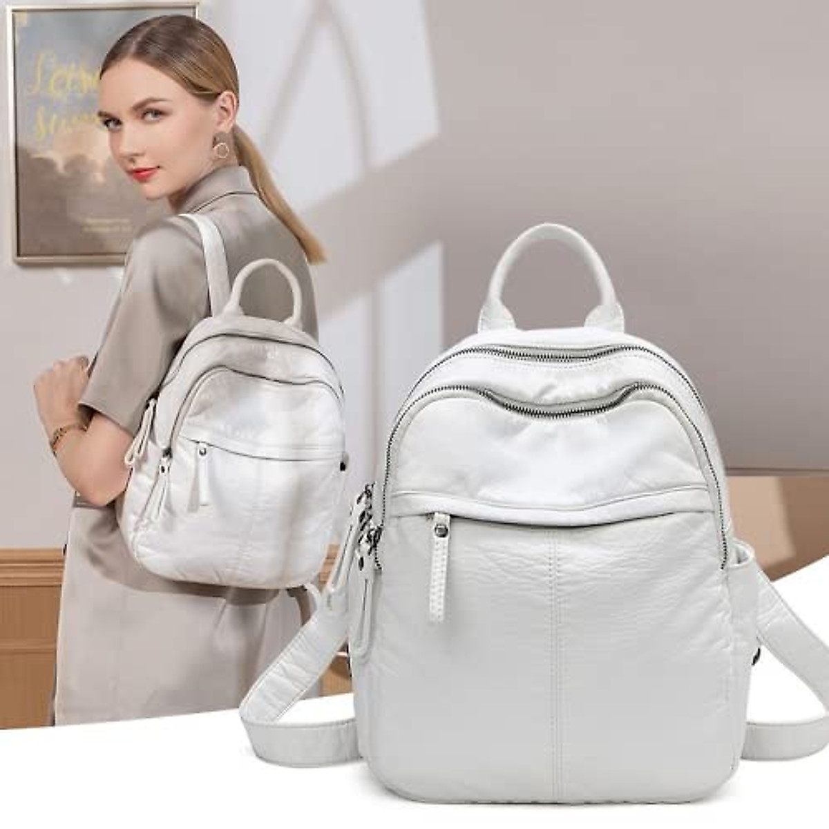 Women's Backpack Pu Soft Leather Backpack Student Schoolbag Solid Color Travel Bag Multi-layer Zipper Backpack (White)
