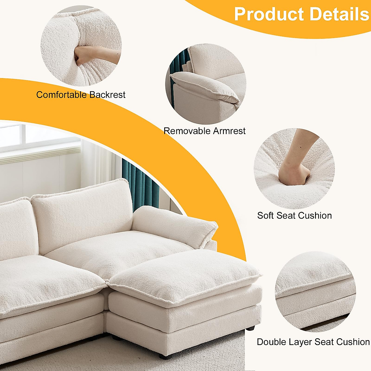 Karl home Sectional Sofa Modular Deep Seat Sofa Couch with Ottoman, Teddy Fleece Sofa Sleeper Comfy Upholstered Furniture for Living Room, Apartment, Studio, Office, (3-Seat & 1-Ottoman, White)