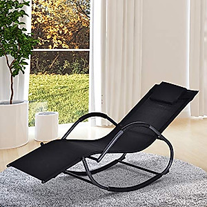 Outsunny Outdoor Rocking Chair, Chaise Lounge Pool Chair for Sun Tanning, Sunbathing Rocker, Armrests & Pillow for Patio, Lawn, Beach, Large, Black