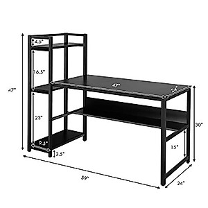 Tangkula 59-Inch Computer Desk with Bookshelf, Home Office Desk with Storage Bookshelf, Metal Frame & Adjustable Foot Pads, Space Saving Computer Workstation Study Writing Desk