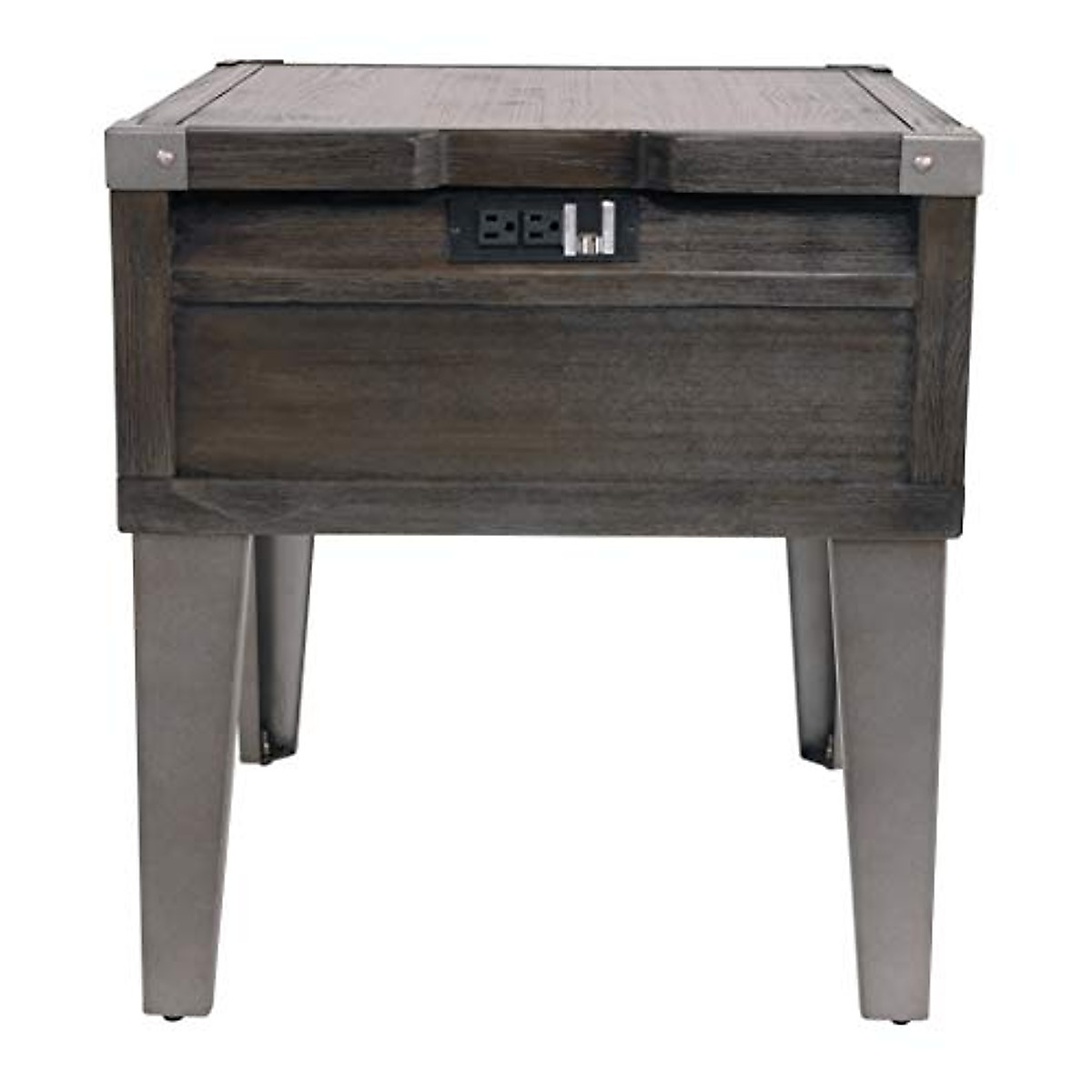 Signature Design by Ashley Todoe Industrial Square End Table with 1 Drawer, 2 Outlets and 2 USB Charging Ports, Dark Gray with Weathered Pine Finish