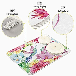 Bird Hummingbird Flowers Orchids Butterfly Dish Drying Mat 16"x18" Absorbent Machine Washable Hanging Fast Dry Pad Dish Protective Mat for Kitchen Countertop Heat Resistant Dinner Table Mat