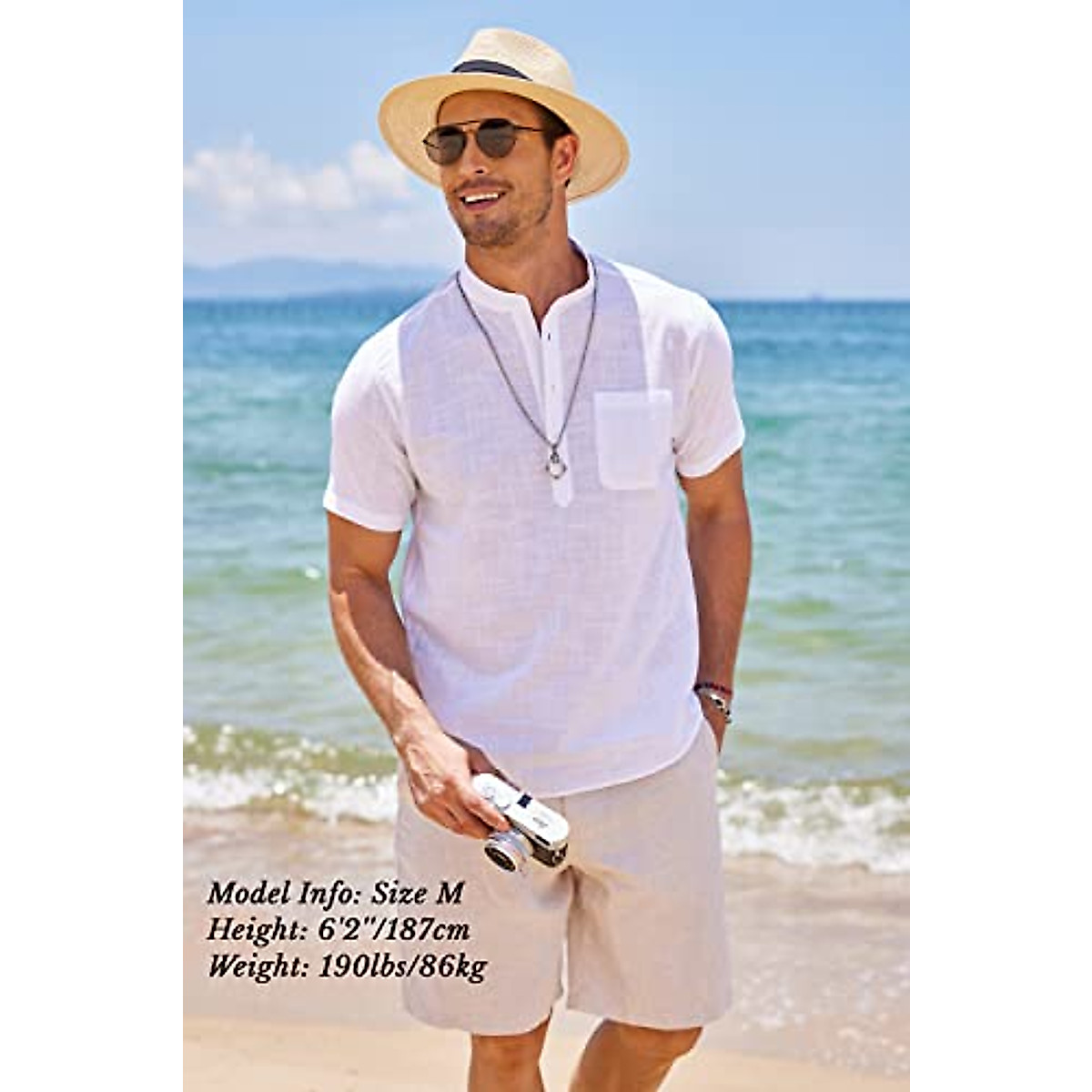 COOFANDY Mens Cotton Linen Henley Hippie Casual Beach T Shirt with Pocket, 01-White, X-Large, Short Sleeve