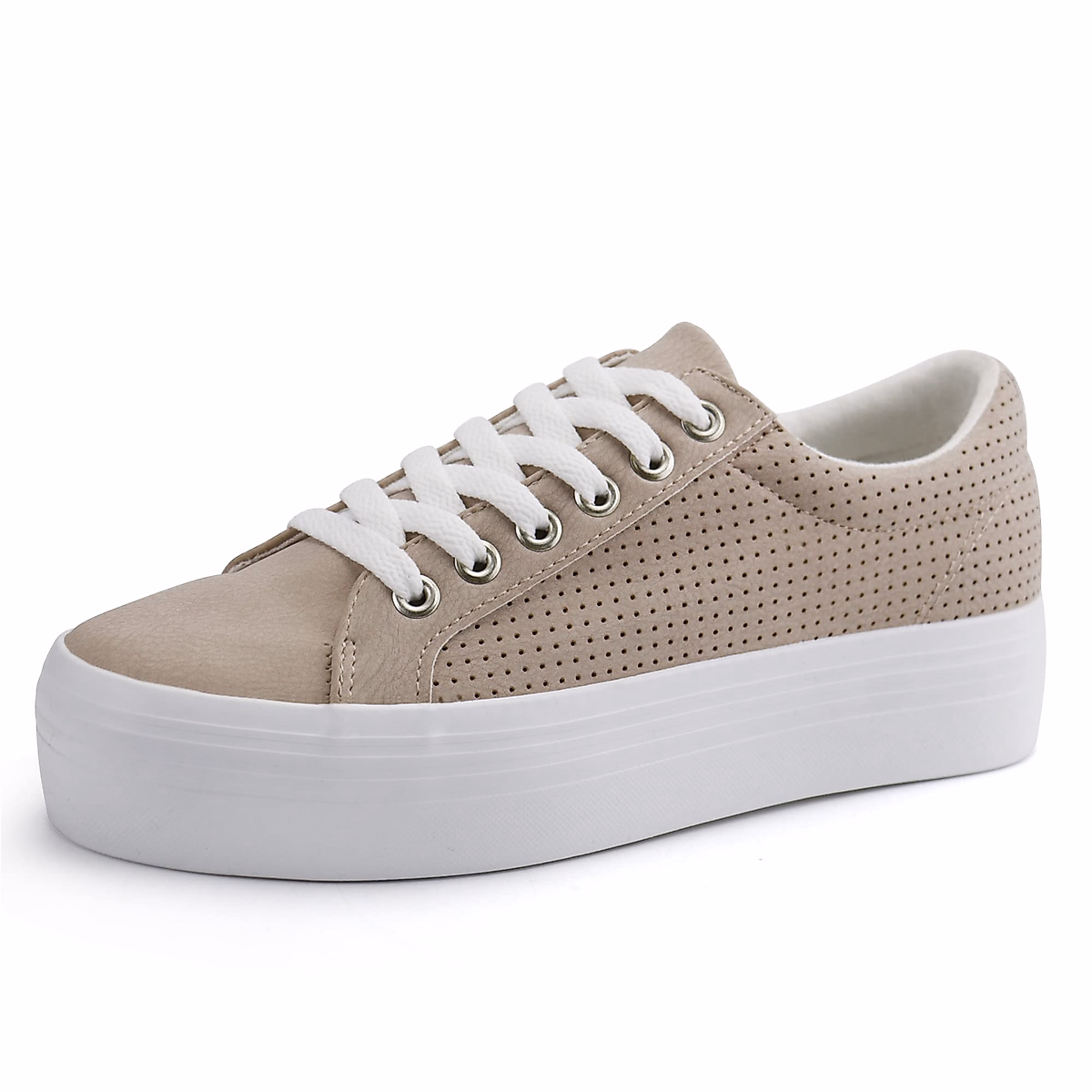 JABASIC Women Platform Sneakers Breathable Casual Lace Up Fashion Walking Shoes (8,Beige)