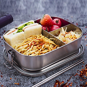 Stainless Steel Bento Box Lunch Containers For Adults Leakproof 3 Compartment Metal Bento Lunch Box Food Container For Over 5 Years Old Kids (1400ml/47oz)