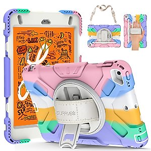 SUPFIVES Case for iPad Mini 5 2019, iPad Mini 4 Case for Kids Military Grade Protective Rugged Case with Shoulder Strap + Kickstand + Pencil Holder for iPad Mini 5th/ 4th Generation 7.9 inch- Rainbow