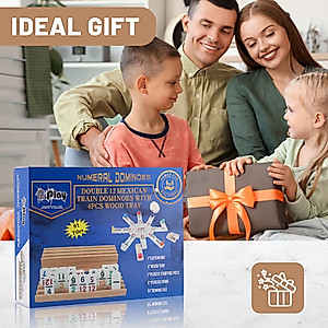 PUREPLAY Mexican Train Dominoes Set with Numbers - Double 12 Colored Number Dominoes - Includes 91 Tiles with 9 Trains, 4 Wooden Trays and Storage Bag for 2-8 Players Ages 8+