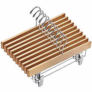 AMKUFO 20pcs Wooden Pants Hangers Solid Pants Hangers with Adjustable Clips 14 Inch Natural Wood Skirt Hangers Trousers Bottom Hangers with Non-Slip Clips and 360° Swivel Hook