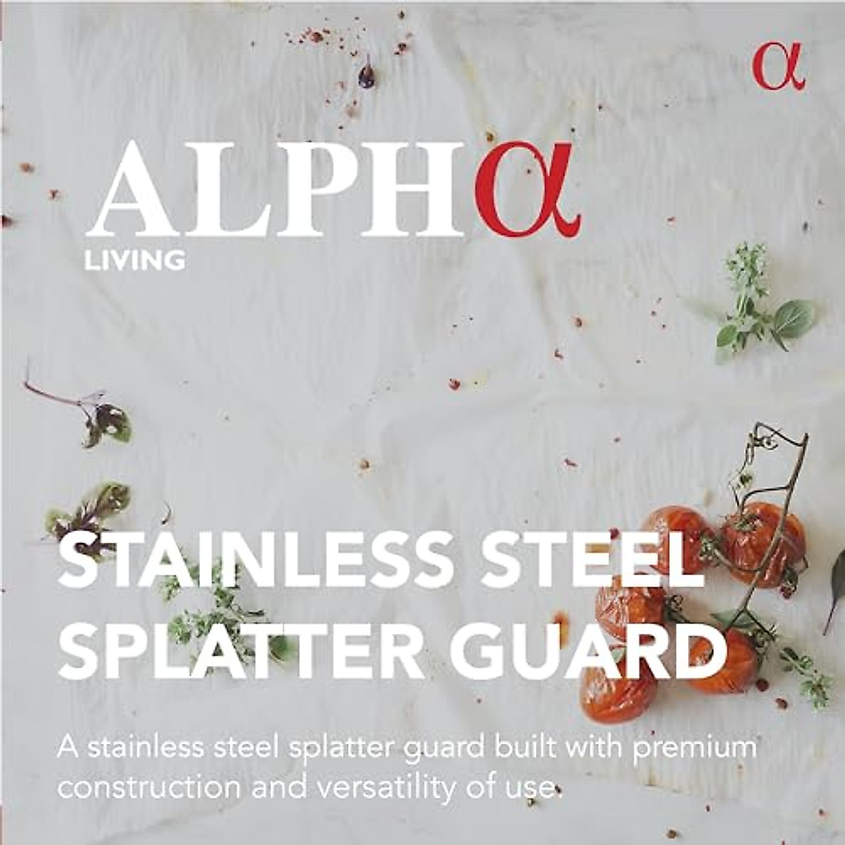 ALPHA LIVING Splatter Guard for Frying Pan & Food Strainer and Universal Cookware 13" - Stops Hot Oil Splash - RED Handle - Splatter Screen for Cooking