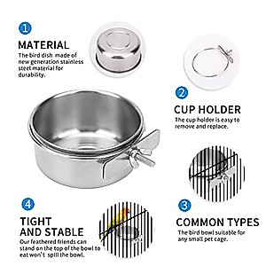2pcs VVNIAA Stainless Steel Bird Bowls with Clamp, Durable Water Bowl, Feeding Cups, Chinchilla Food Bowl, Bird Dishes for Cage, Bird Cage Feeders and Waterers