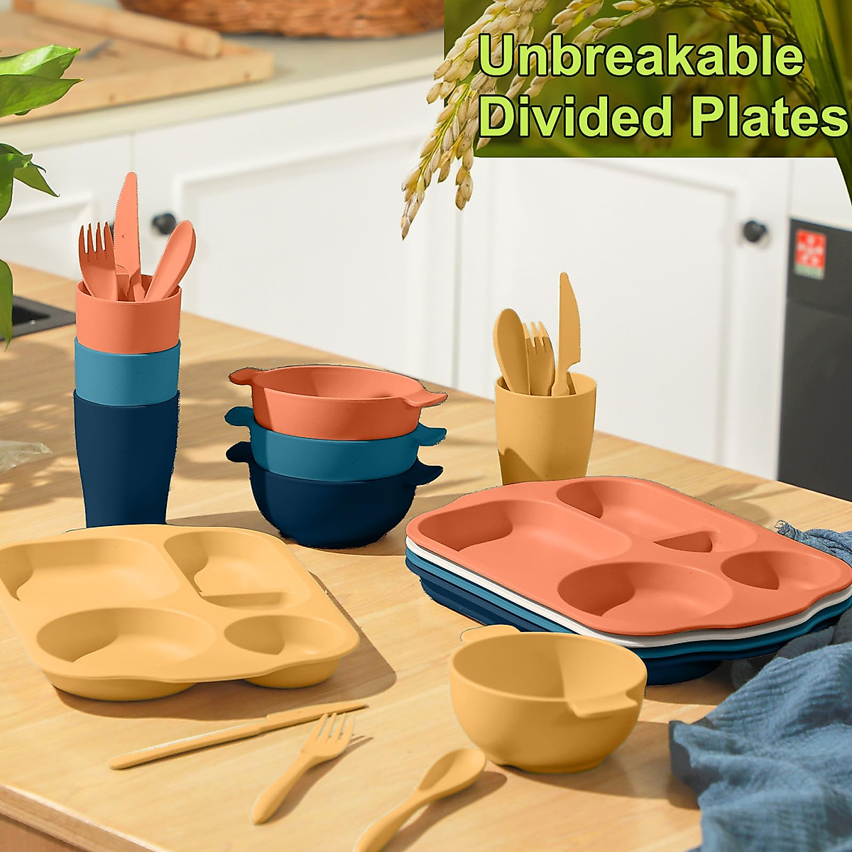 Honoson 24 Pcs Wheat Straw Dinnerware Cutlery Set Including Divided Plates Microwave Dishwasher Safe Bowl Unbreakable Tableware Straw Cutlery Spoon Knife Fork Cup(Bright Color)