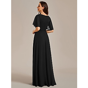 Ever-Pretty Women's Chiffon A-Line Ruched Short Sleeves Applique Waist V Neck Formal Dresses and Evening Gowns Black US20