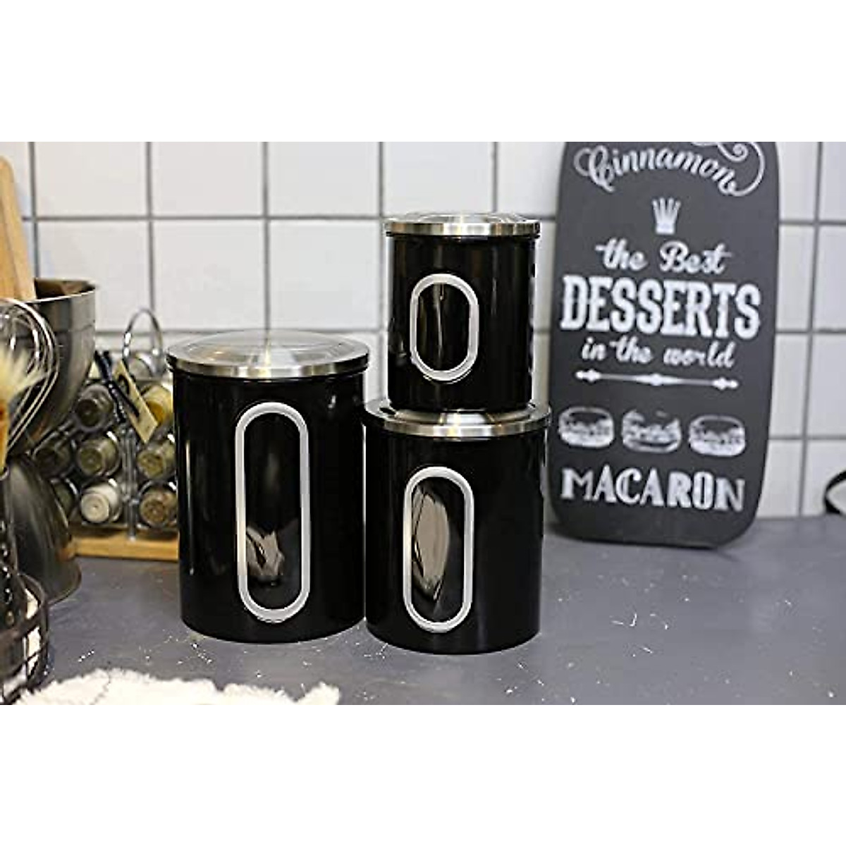 Fortune Candy Stainless Steel Canister Sets with Anti-Fingerprint Lid and Visible Window, Cereal Container Set of 3 (Black)