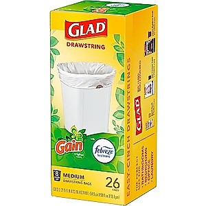 Glad Medium Drawstring Trash Bags, 8 Gal, Gain Original Scent with Febreze, 26 Ct, Pack May Vary