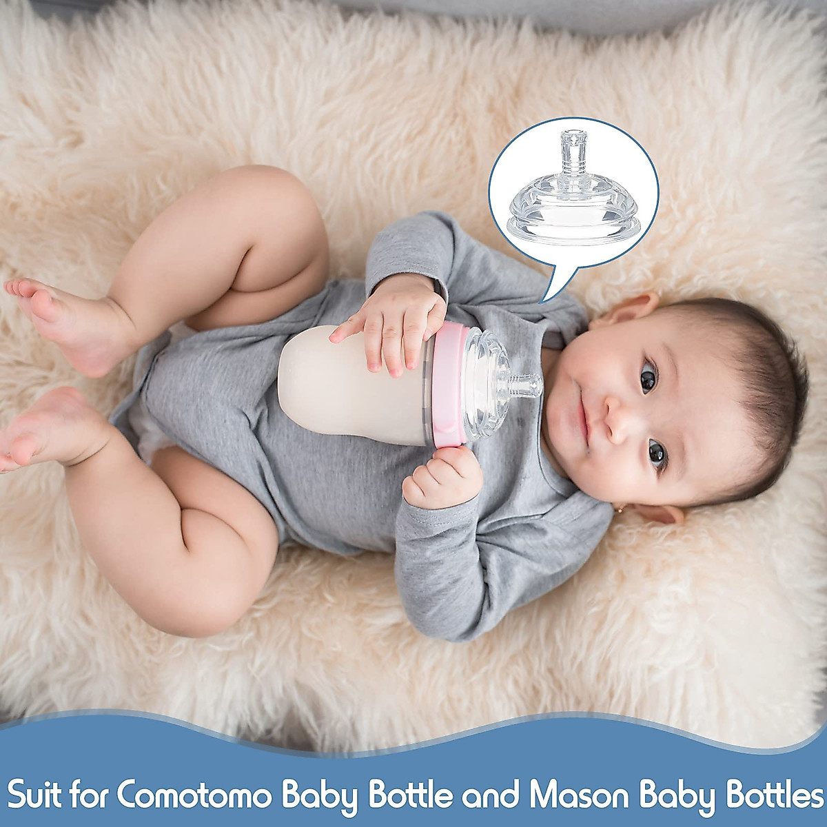 4 Pieces Baby Bottle Nipples (12m+) Medium Flow Silicone Straw Top Nipple Sippy Spout Replacement Nipples and 4 Pieces Cleaning Brushes for 2.8 Inch Diameter Baby Bottle | No BPA | Spillproof