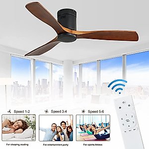 CACI Mall 52 Inch Ceiling Fan with Remote Control, Low Profile Flush Mount Ceiling Fan without Light, 3 Walnut Wood Ceiling Fan No Light, Noiseless Reversible ETL DC Motor with Timer