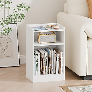 Furologee White Record Player Stand, Wood Nightstand/End Table with Charging Station and LED Lights, Modern Vinyl Record Player Turntable Table with 3 Tier Open Storage Cabinet for Bedroom