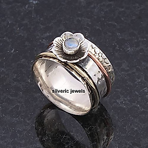 Rainbow moonstone spinner ring Flower Gemstone Spinning Spin ring Meditation Sterling silver ring jewelry Anxiety ring (7)