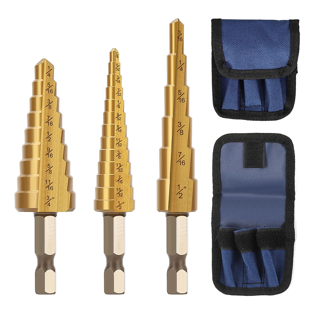 Step Drill Bit Set, 3PCS HSS Titanium Coated High Speed Steel Step Bits Covering 28 Sizes (1/8"-3/4") for Wood, Plastic, Sheet Metal with Portable Bag, Nice Gift for DIY Lovers
