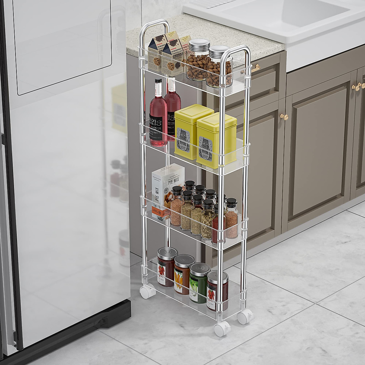 TESOIN Under Sink Organizers and Storage，4 Tier Clear Movable Slim Rolling Storage Cart Bathroom Organizer Under Cabinet Storage, Slide Out Narrow Shelf Organization for Kitchen Bathroom Warehouse