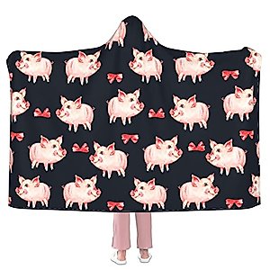 Cute Pig Hooded Blanket Anti-Pilling Flannel Wearable Blanket Hoodie-Plush Warm Blanket Throw Blankets Fit for Kids, Adults, Teens