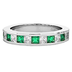 1000 Jewels Olympia B: Princess-cut Simulated Emerald & IOF CZ Semi-Eternity Wedding Band Silver, 30244 sz 7.0