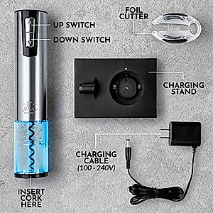 Zulay Electric Wine Opener With Charging Base and Foil Cutter - Stainless Steel Automatic Wine Bottle Opener - Rechargeable Electric Wine Bottle Opener - Wine Opener Electric Corkscrew Opener