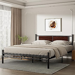 HAOARA California King Size Bed Frame with Rustic Wood Headboard, Metal Heavy Duty Platform Frame, Sturdy Steel Slat Support, No Box Spring Needed, Black