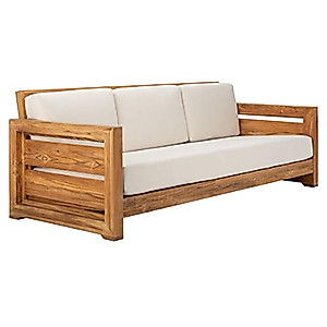 Safavieh CPT1008A Couture Guadeloupe Brazilian Teak Outdoor 3-Seat Patio Sofa, Natural/White