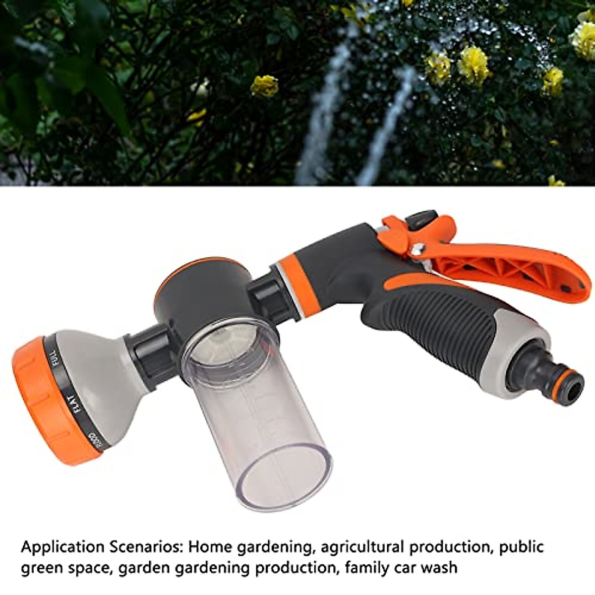 Garden Foam Sprayer, 8 Modes Multifunctional Water Spraying Nozzle Widely Used Labor Saving Concentrated Water Pressure Longer Spray Distance for Car Washing Rear Trigger