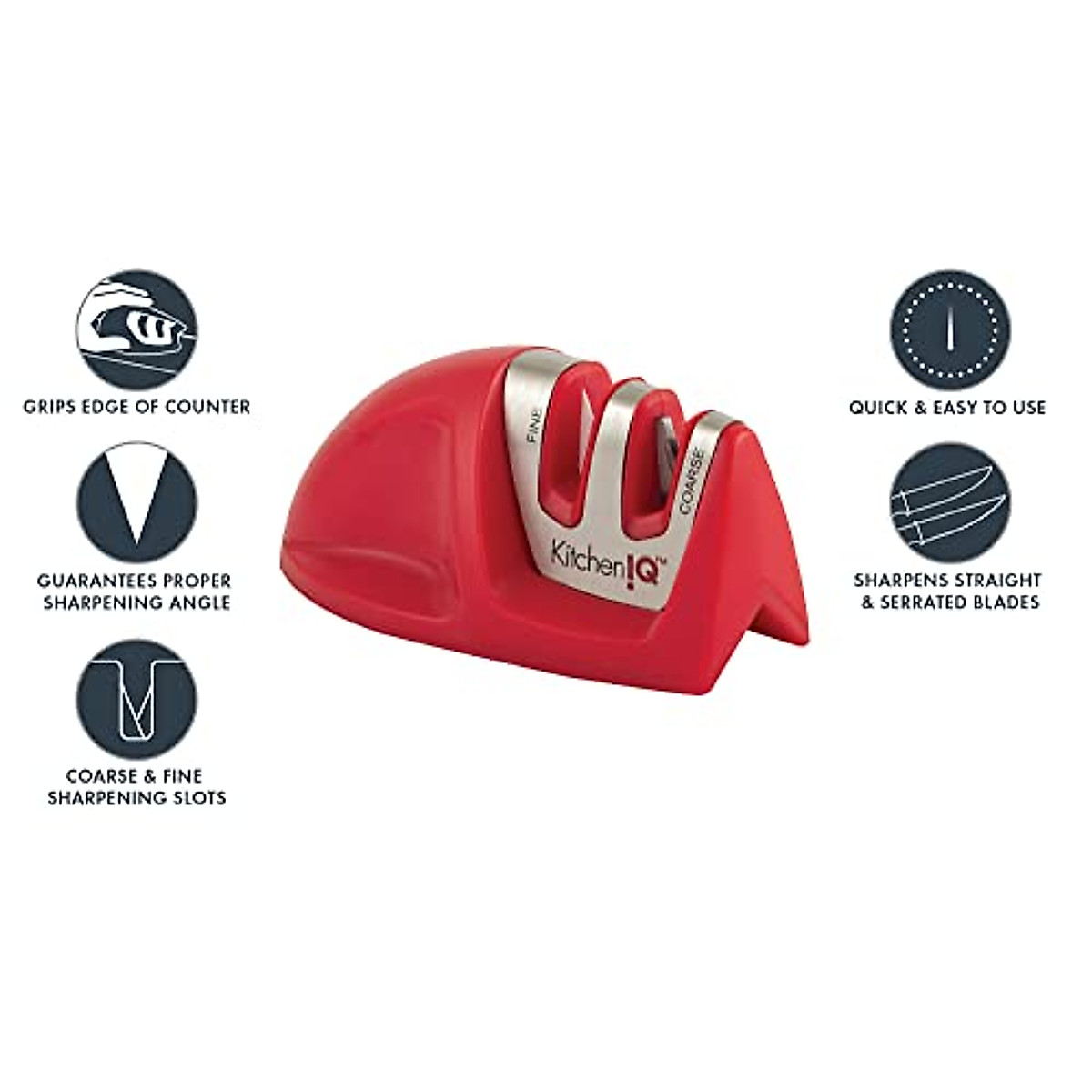 KitchenIQ 50883 Edge Grip 2-Stage Knife Sharpener, Red, Coarse & Fine Sharpeners, Compact for Easy Storage, Stable Non-Slip Base, Soft Grip Rubber Handle, Straight & Serrated Knives