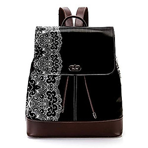 Black And Lace PU Leather Backpack Fashion Shoulder Bag Rucksack Travel Bag for Women Girls