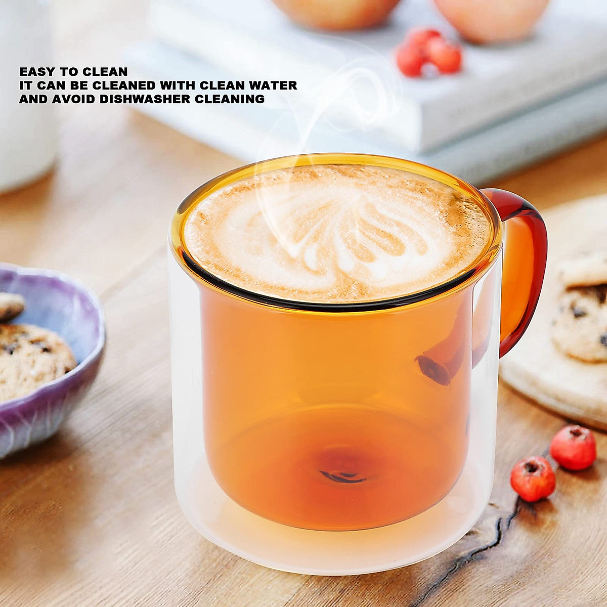 UIYIHIF 250ml Double Wall Insulated Coffee Mugs, Glass Espresso Cups with Handle Colored Glass Coffee Cups, Perfect for Latte, Cappuccinos, Beverage and Tea(Yellow)