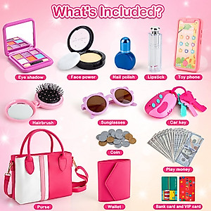 Juboury Play Purse for Little Girls, Pretend Play Accessories with Wallet, Toy Phone, Credit Card, Keys, Princess Pretend Makeup Girl Toys for 3 4 5 6 7 8 Years Old