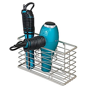 mDesign Steel Wall Mount Hair Dryer Storage Organizer - Hair Styling Tool Basket for Bathroom and Bedroom - Holds Hair Dryer, Flat Iron, Curling Wand, Hair Straightener - Linelle Collection - Satin
