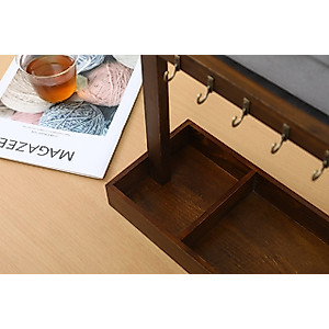 POKHDYE Wood Entryway Tabletop Key Holder Rack，Rustic Burnt Decorative Organizer with Storage Tray and Brass Tone Hooks，Jewelry Key Stand Hanging Organizer