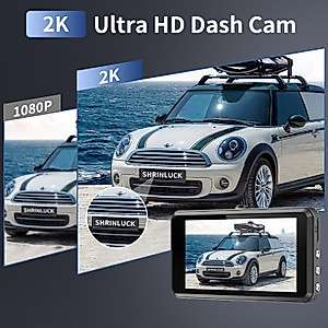 SHRINLUCK 2K Dual Dash Camera for Cars, Free 64G SD Card, FHD 2K+1080P Dash Cam Front and Rear,3.2'' IPS Screen,176° Wide Angle Dashcam,24H Parking Monitor,G-Sensor,Loop Recording,Night Vision,WDR