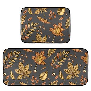 Emelivor Autumn Fall Kitchen Mat Set of 2 Anti-Fatigue Kitchen Rug Set Non Slip Cushioned Heavy Duty Memory Foam Kitchen Rugs and Mats Comfort Mat for Farmhouse Doormat Laundry