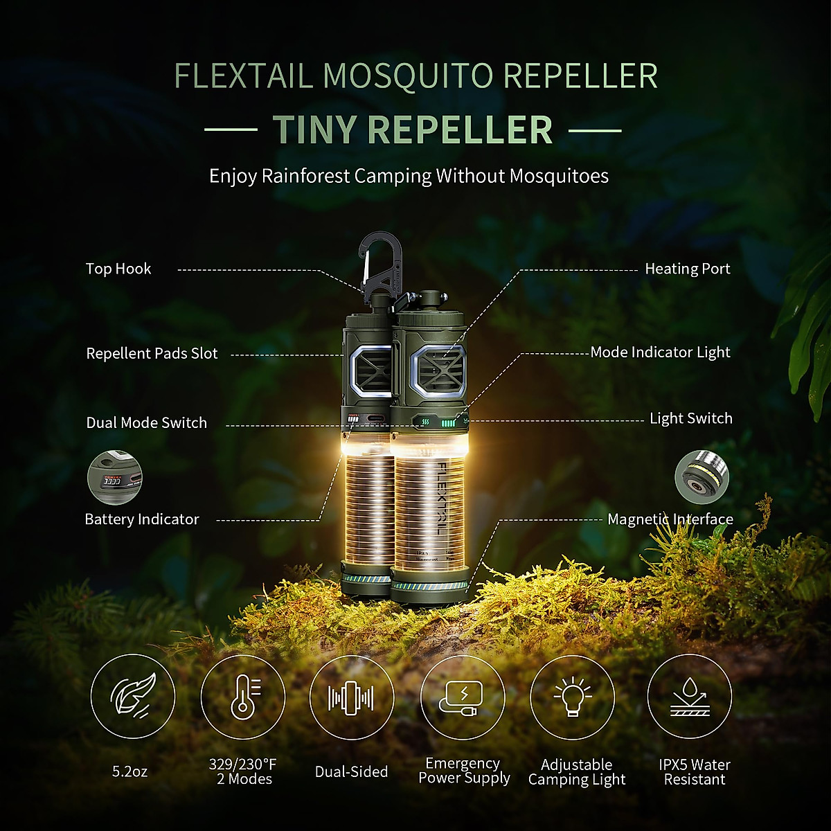 FLEXTAIL Tiny Mosquito Repeller, Rechargeable Outdoor Mosquito Repellent, 329°F Heating 30ft Protection Zone Ultra Mini with Camping Light Magnetic Design for Outdoor Camping Backpacking Patios